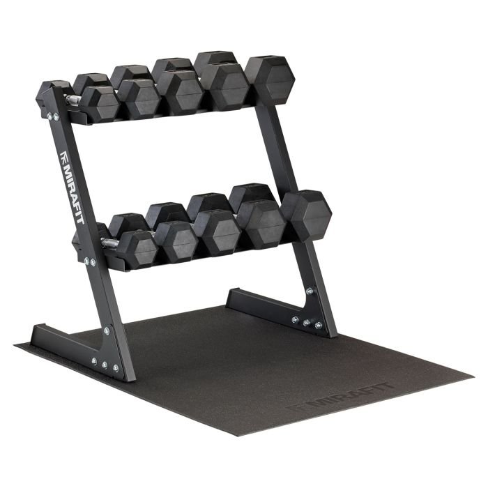 Rubber Hex Dumbbell Set with Weight Rack and Mat | Mirafit
