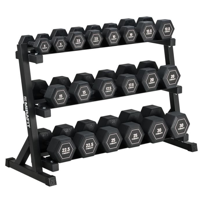 Rubber Grip Hex Dumbbell Set & 3 Tier Weight Rack